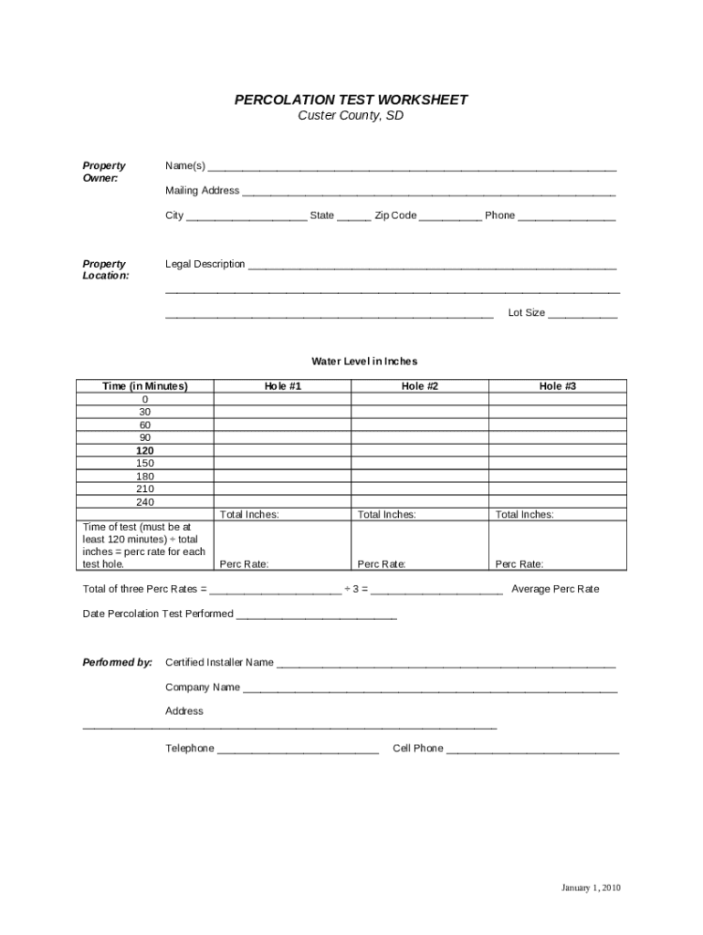 PERCOLATION TEST WORKSHEET - Custer County, South Dakota Doc Template ...