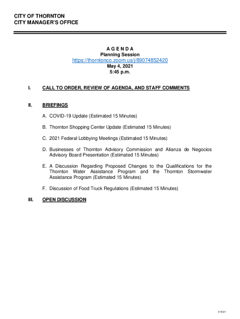 Fillable Online CITY OF THORNTON CITY MANAGER'S OFFICE https ...
