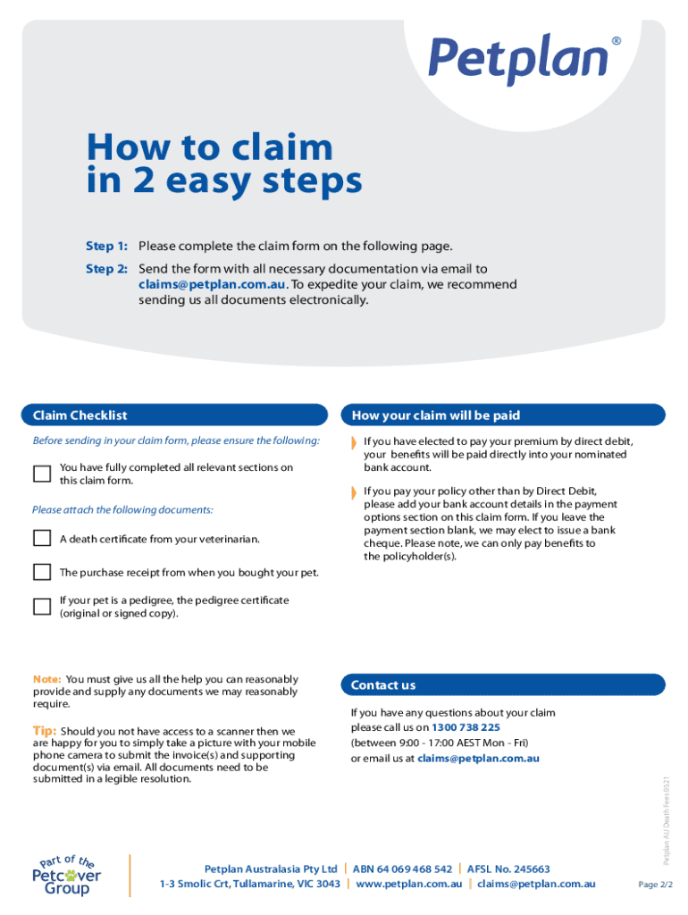 Fillable Online How to claim in 2 easy steps - Petcover Group Fax Email ...