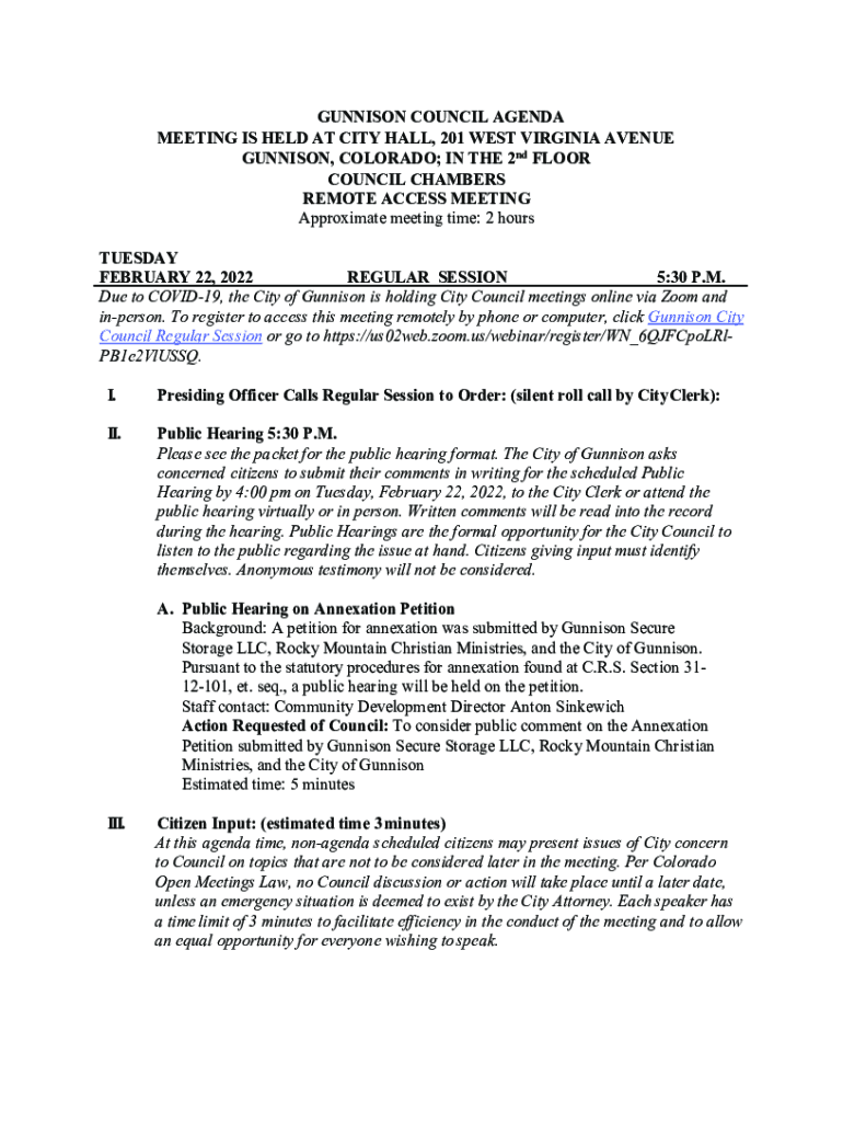 Fillable Online cms8.revize.comrevizegunnisoncoMEETING IS HELD AT CITY HALL, 201 WEST VIRGINIA ...
