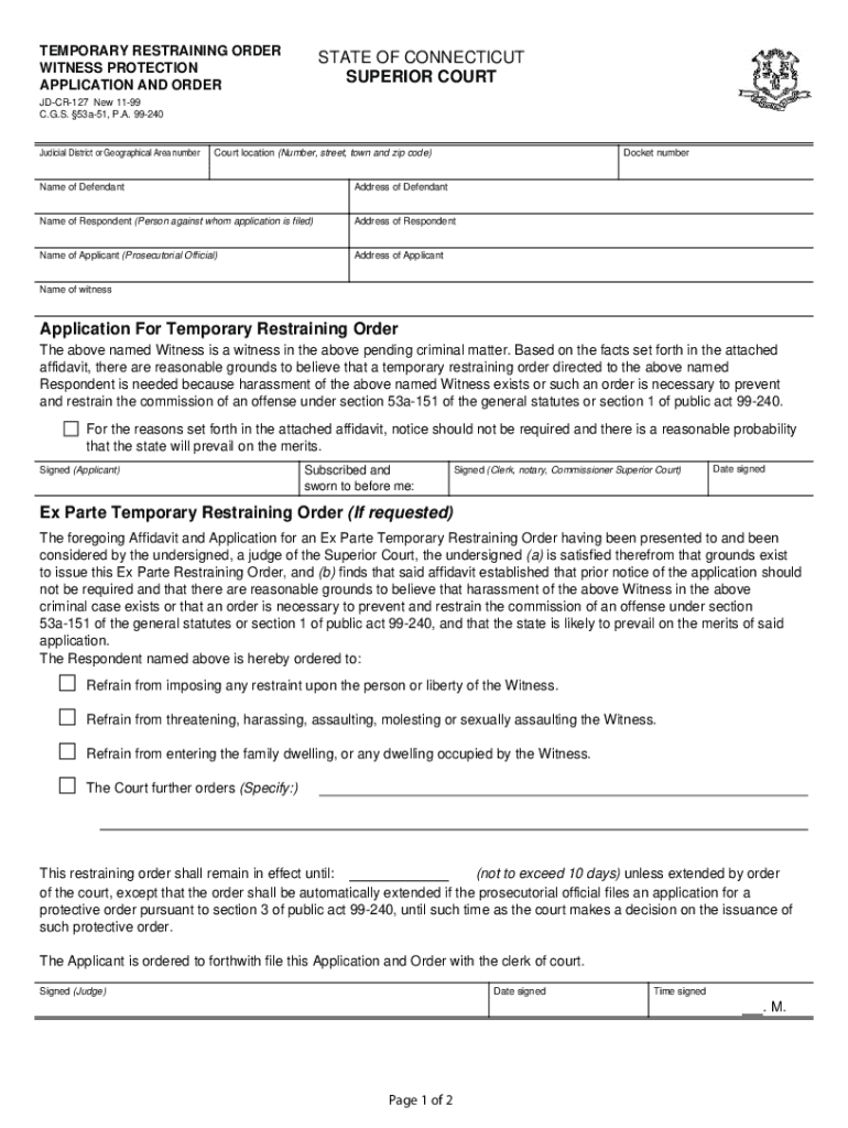 Fillable Online jud ct TEMPORARY RESTRAINING ORDER WITNESS PROTECTION APPLICATION AND ORDER Fax ...