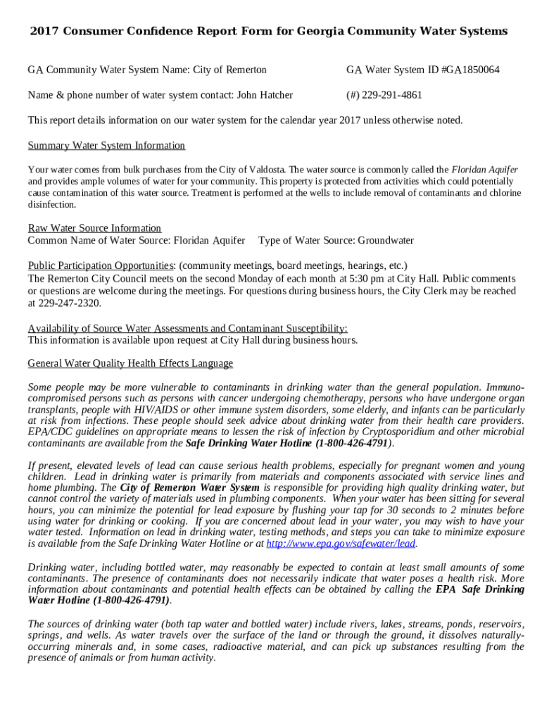 Written Consumer Confidence Report for Georgia Community Water Systems ...