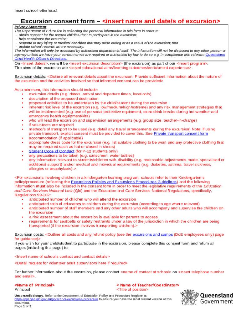 Excursion consent template Doc Template | pdfFiller