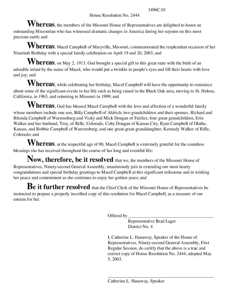 Fillable Online house.mo.govbills041hlrbillspdfDG 1 parch (90th Birthday) 3496C.01 House ...