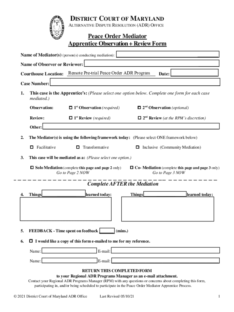 Fillable Online Peace Order Mediator Apprentice Observation Review
