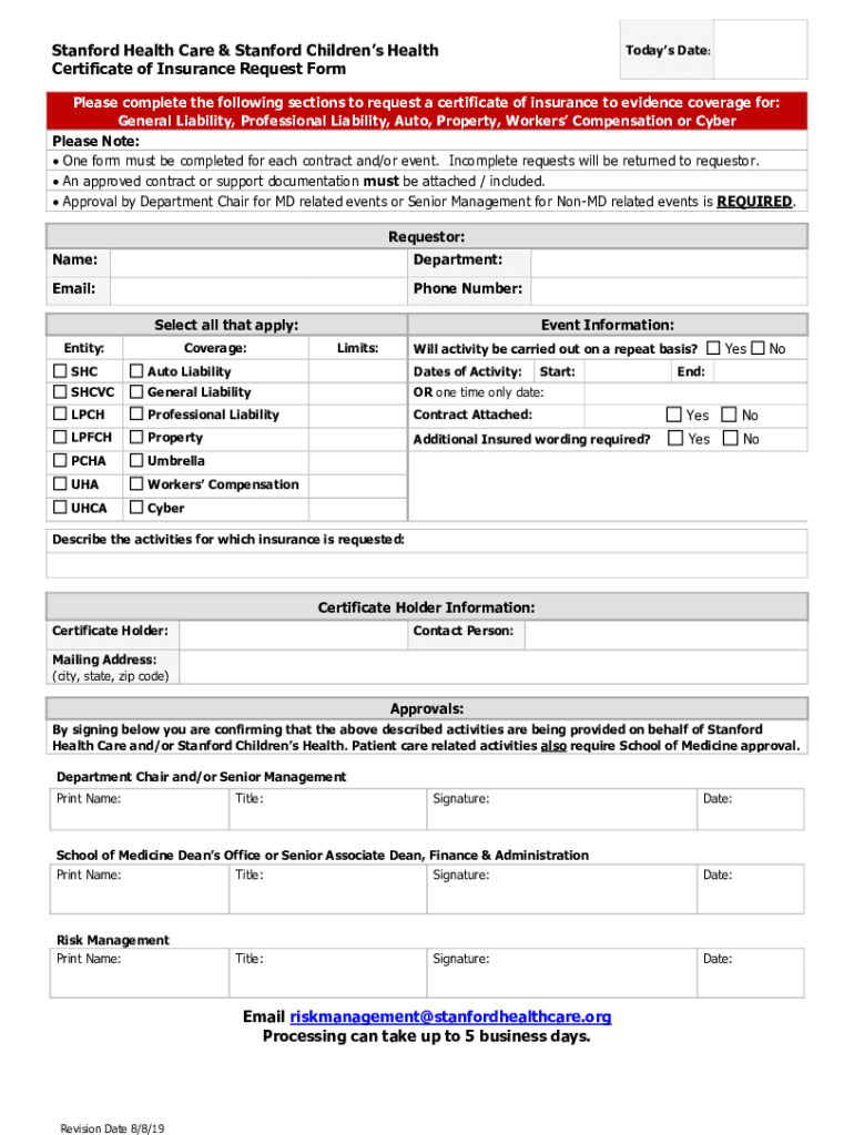 Fillable Online med stanford Certificate of Insurance Request Form ...
