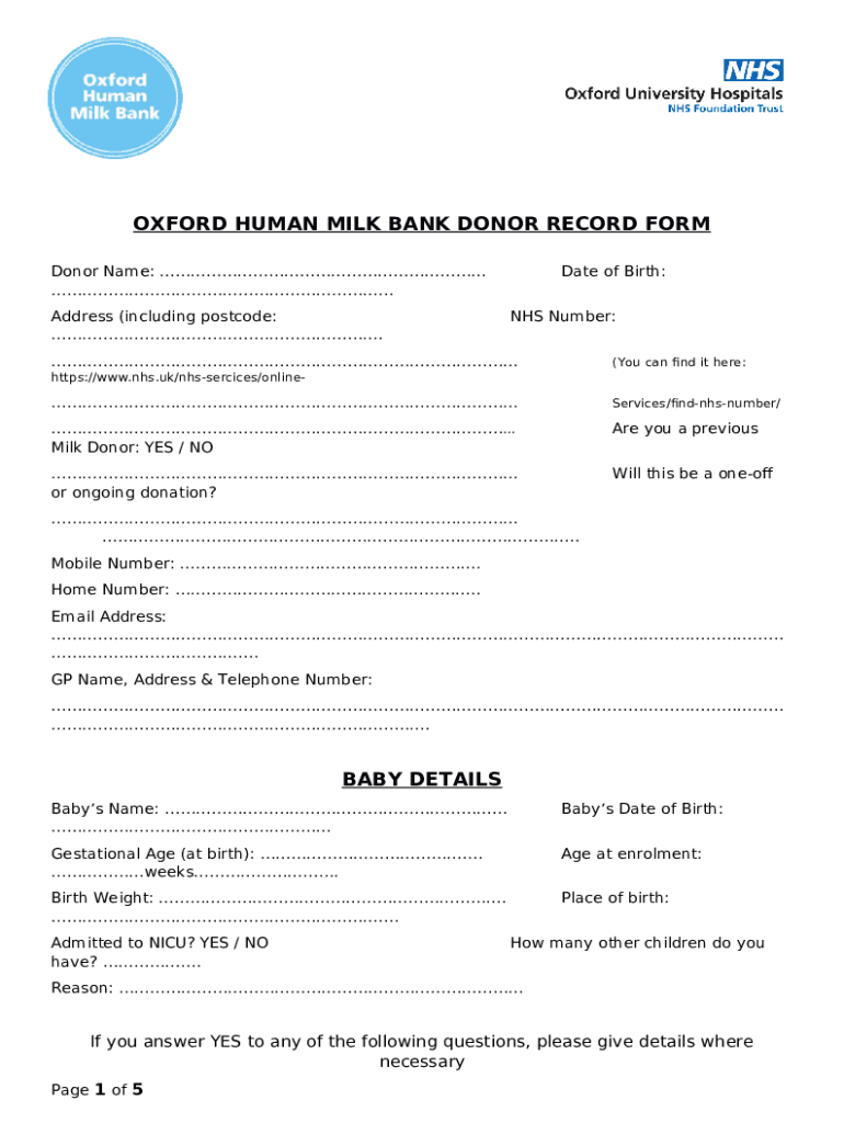 OXFORD HUMAN MILK BANK DONOR RECORD Doc Template | pdfFiller