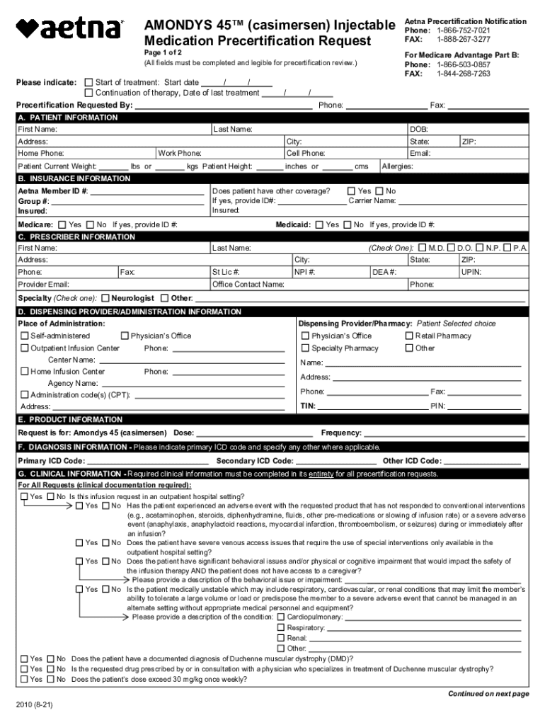 Fillable Online AMONDYS 45 (casimersen) Injectable Medication Precertification Request. AMONDYS ...