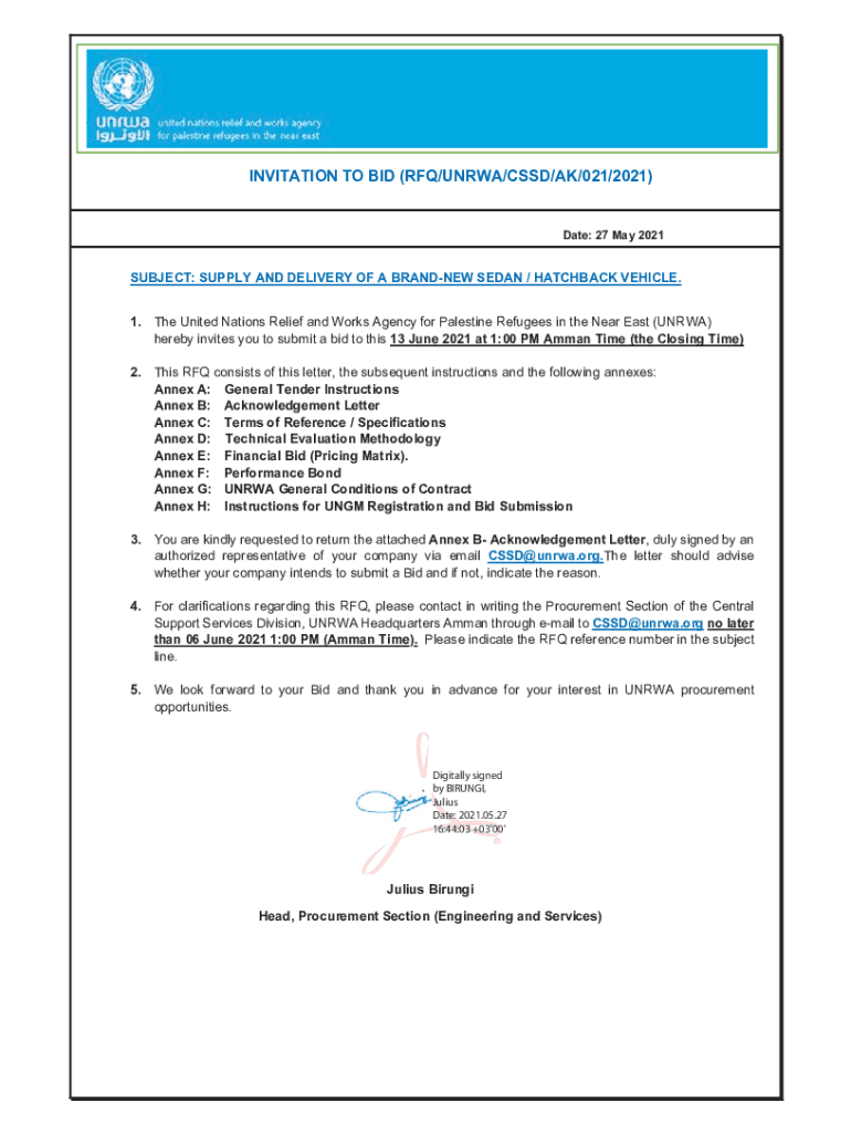 Fillable Online RFQ-UNRWA-CSSD-AK-021-2021 Supply and Delivery of a ...