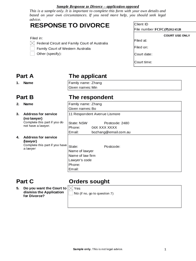 Sample Response to Divorce - application opposed Doc Template | pdfFiller