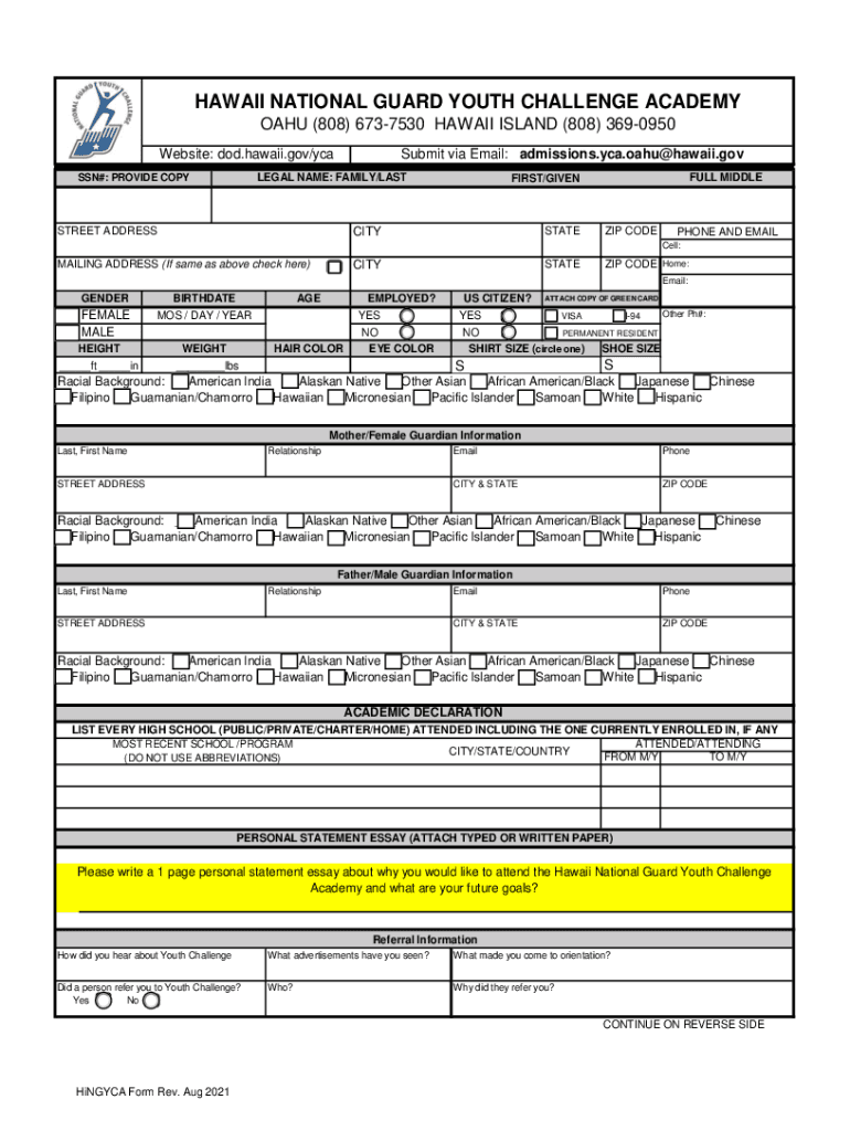 Fillable Online HAWAII NATIONAL GUARD YOUTH CHALLENGE ACADEMY Fax Email Print - pdfFiller