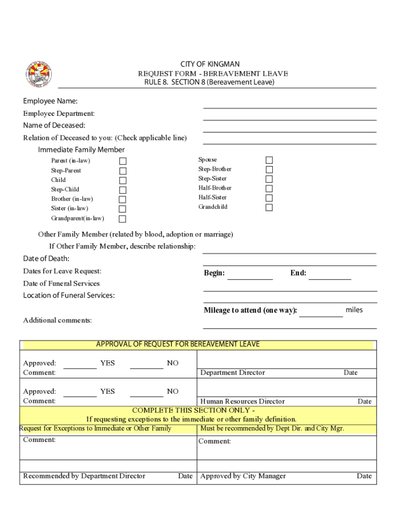 Fillable Online CITY OF KINGMAN REQUEST FORM - BEREAVEMENT LEAVE ...