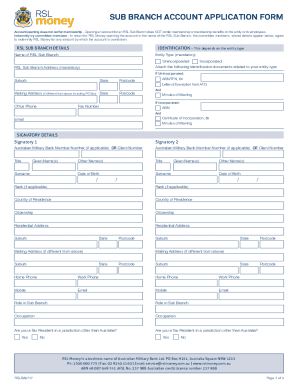 Fillable Online www.rslmoney.com.au sites defaultSUB BRANCH ACCOUNT ...