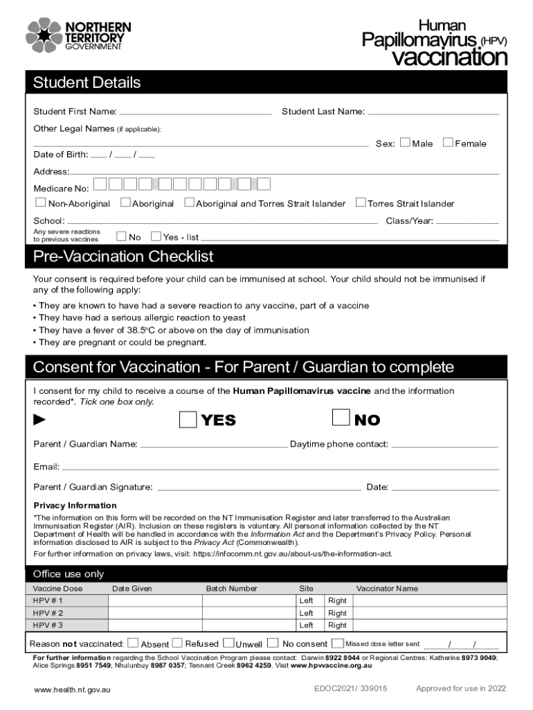 Fillable Online Human papillomavirus vaccinations information and ...