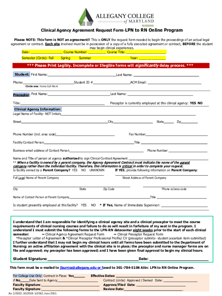 Fillable Online Clinical Agency Agreement Request Form-LPN to RN Online ...