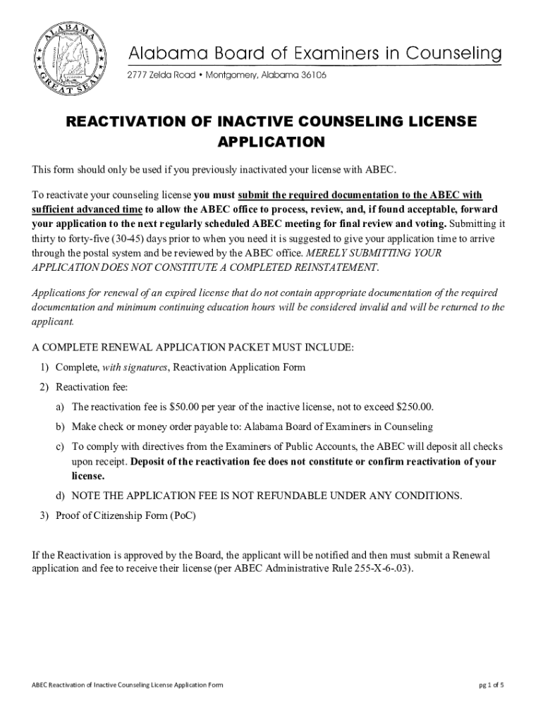 Fillable Online abec alabama ABEC License Reactivation Application Fax Email Print - pdfFiller