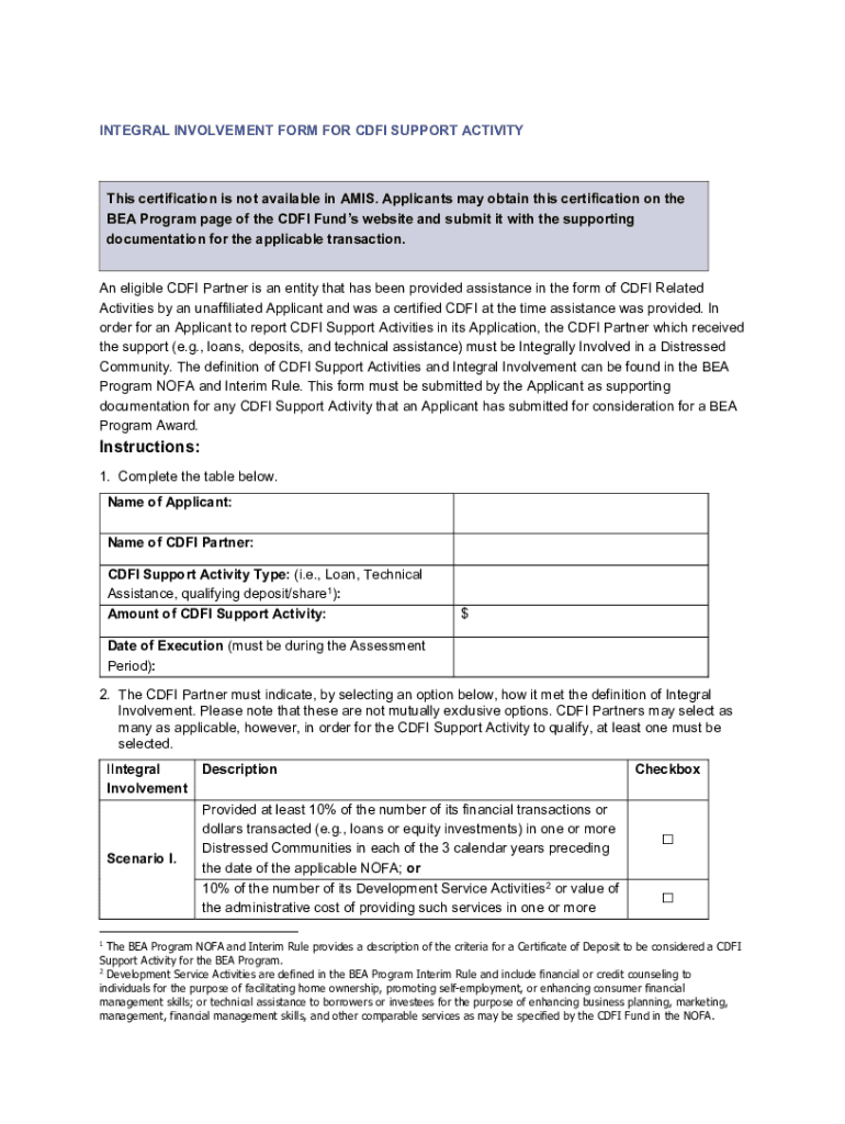 Fillable Online Integral Involvement Form for CDFI Support Activity Fax ...