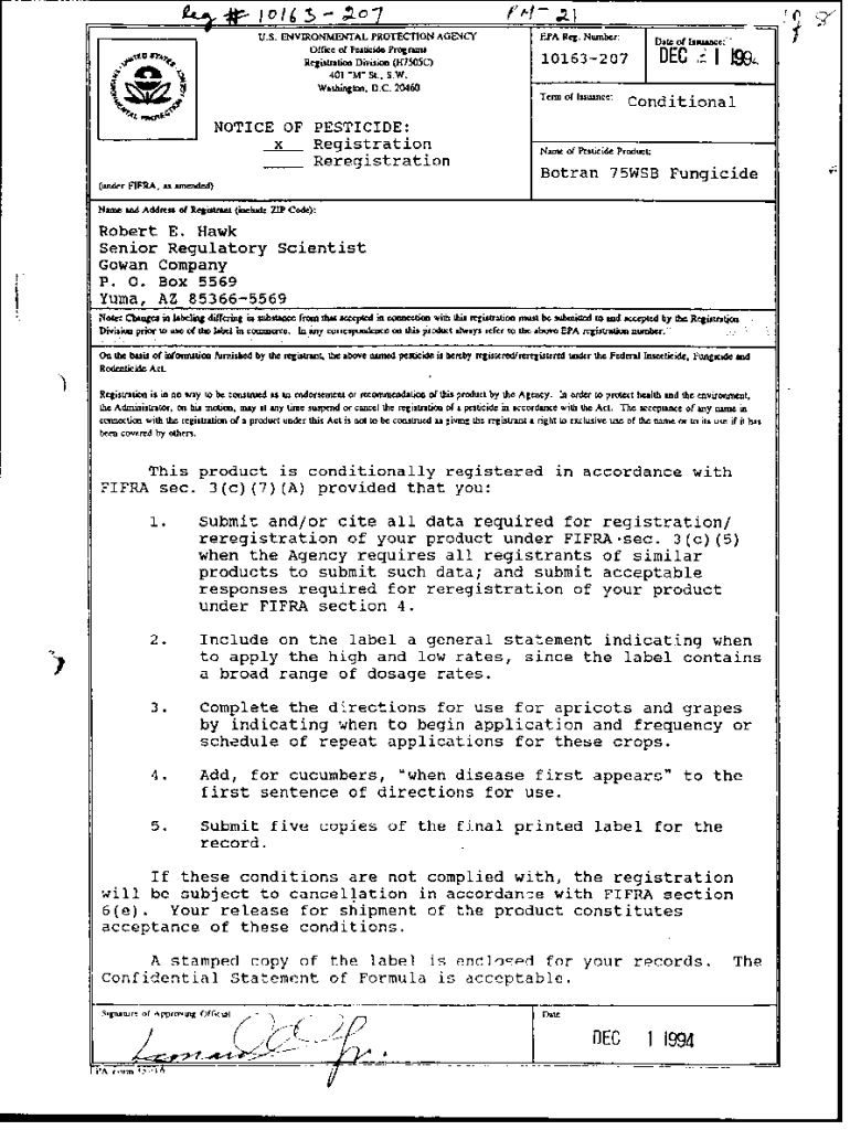 Fillable Online U.S. EPA, Pesticide Product Label, BOTRAN 75WSB ...