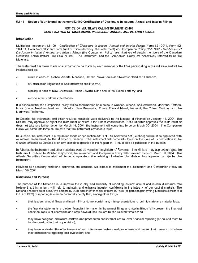 Fillable Online Notice of Multilateral Instrument 52-109 Certification ...