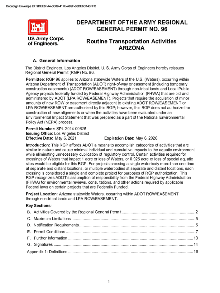 Fillable Online DEPARTMENT OF THE ARMY REGIONAL GENERAL PERMIT NO ...