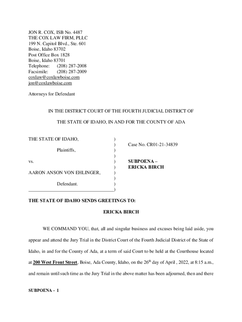 Fillable Online JON R. COX, ISB No. 4487 THE COX LAW FIRM, PLLC 199 N ...
