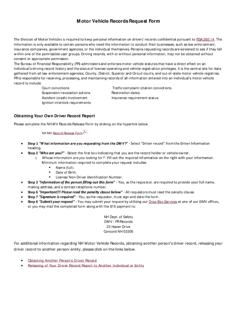 Fillable Online Motor Vehicle Records Request Form Sullivan County, NH ...