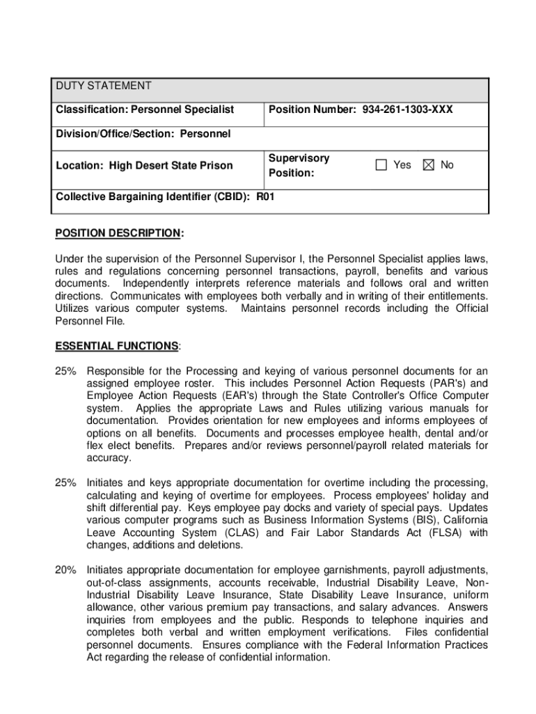 Fillable Online Classification: Personnel Specialist Fax Email Print ...