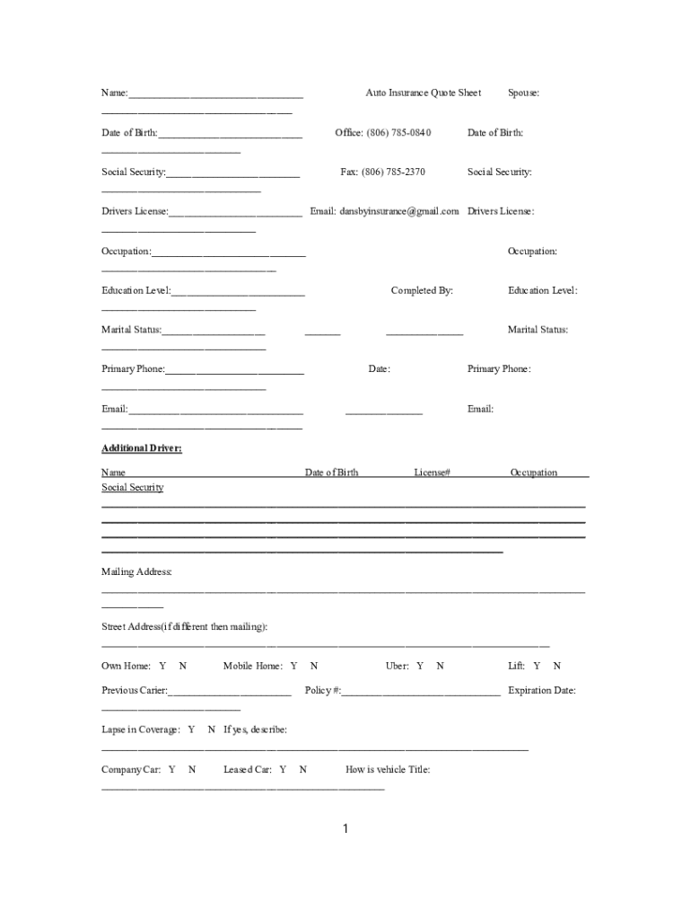Fillable Online New Auto Insurance Quote Sheet Fax Email Print - pdfFiller