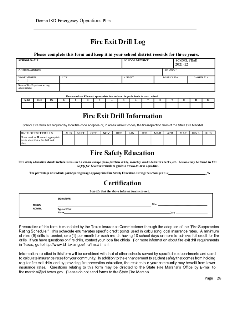 Fillable Online www.tdi.texas.govfiredocumentsFire Exit Drills & Fire ...