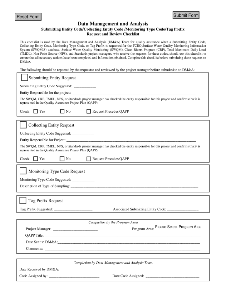 Fillable Online Submitting Entity CodeCollecting Entity CodeMonitoring Type CodeTag Prefix ...