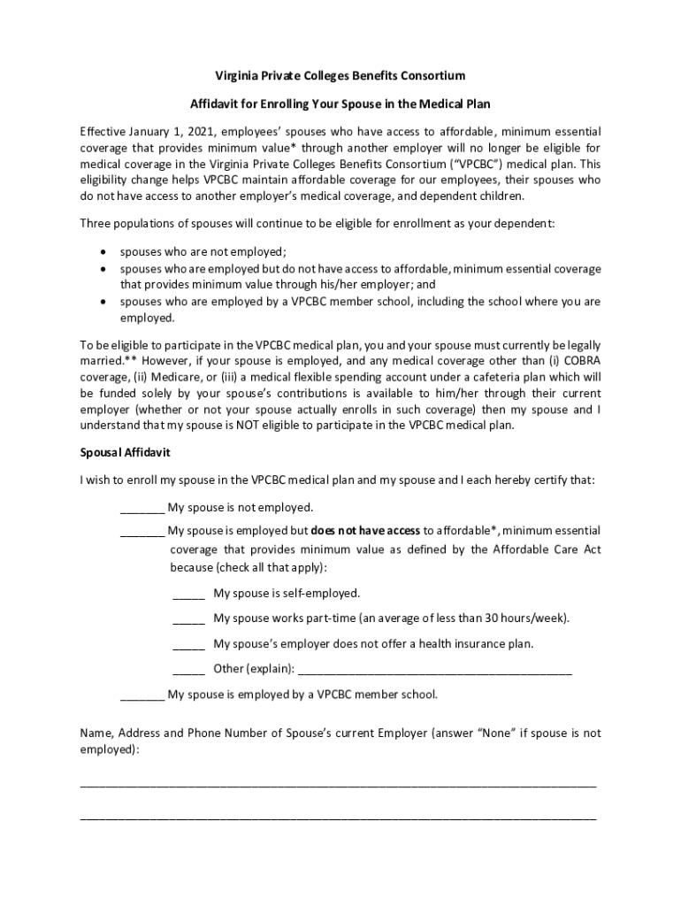 Fillable Online Health Plan Spousal Affidavit Employees' spouses ... - UVA HR Fax Email Print ...