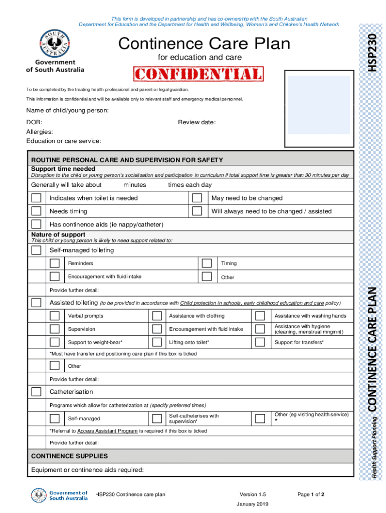Continence Care Plan for Education and Care - Blank Fillable Template ...