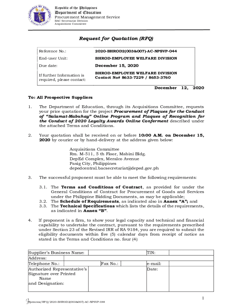 Fillable Online Request for Quotation (RFQ) - Department of Education ...