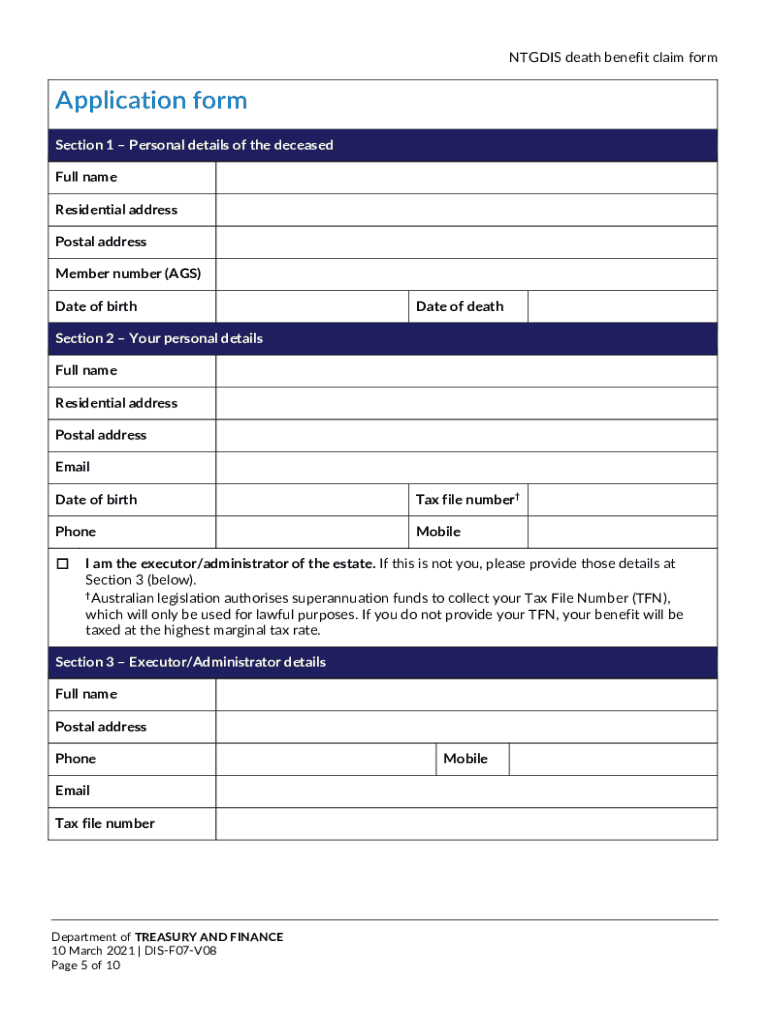Fillable Online treasury.nt.gov.audataassetsNTGDIS death benefit claim ...