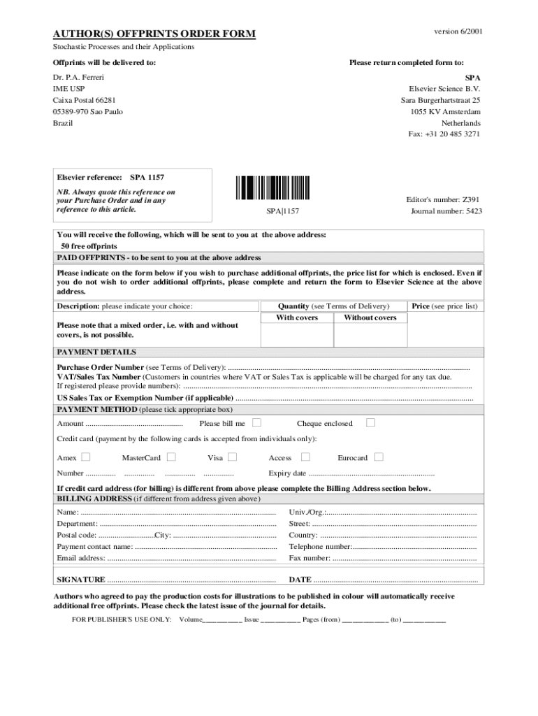 Fillable Online hep.ucsb.edupeopleaffolderAUTHOR(S) OFFPRINTS ORDER ...