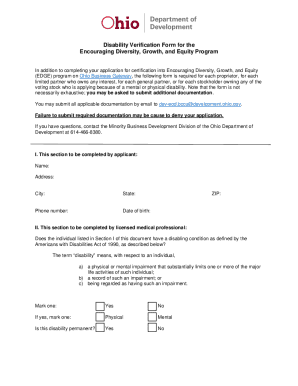 Fillable Online development ohio Disability Verification Form for the ...