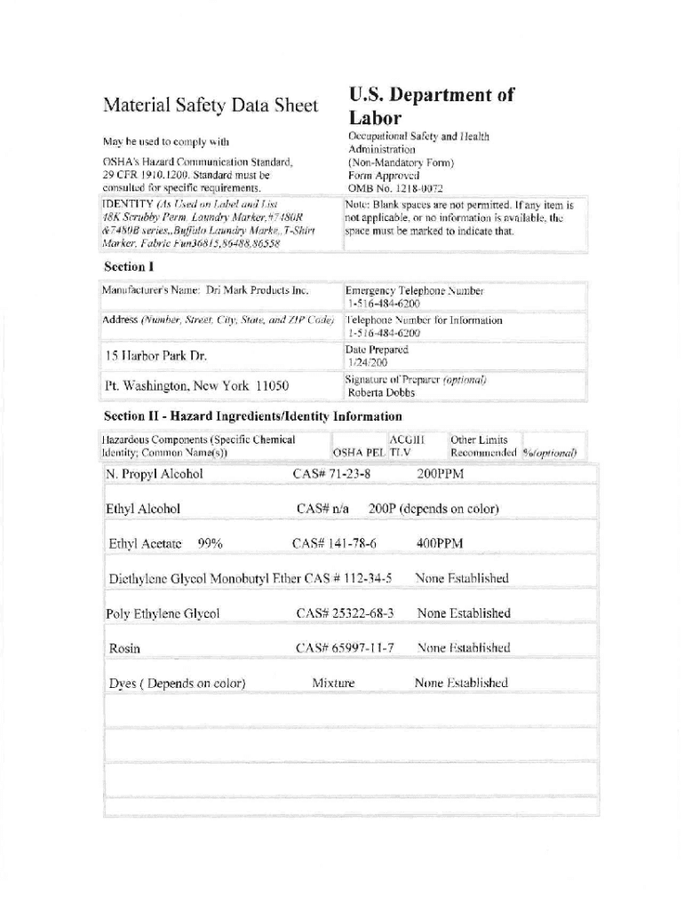 Fillable Online Definition of hazardous chemical and OSHA's MSDS ...