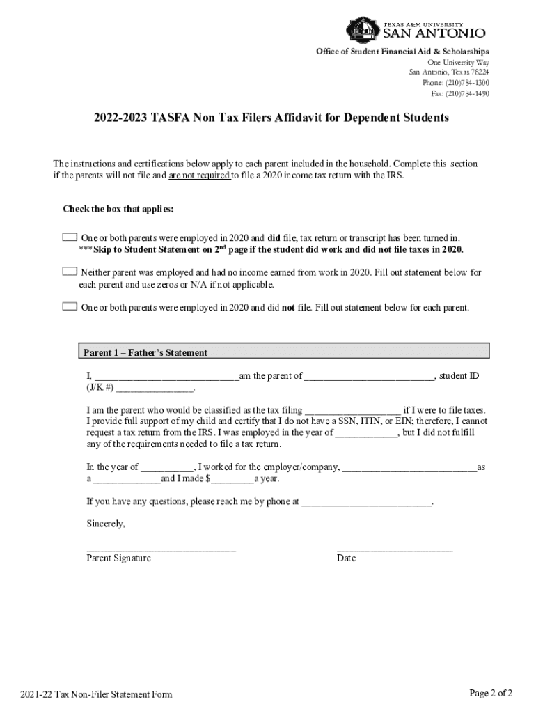 Fillable Online www.tamusa.edufinancialaiddocuments2022-2023 TASFA ...