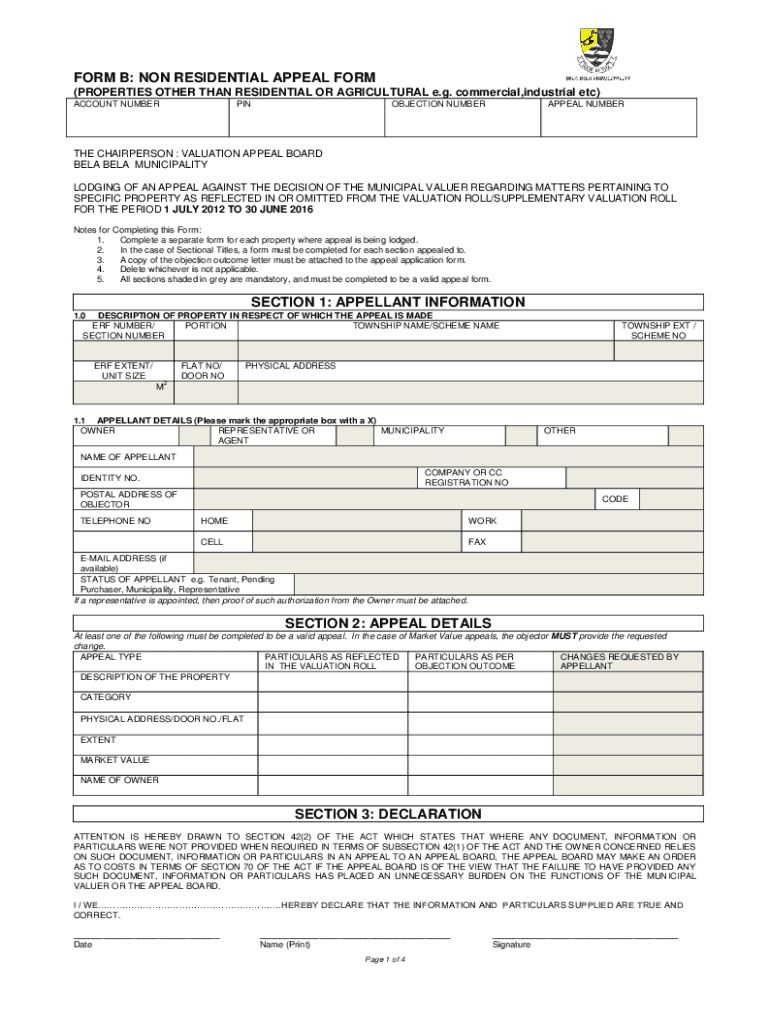 Fillable Online Bela Bela Non-Res Appeal - Bela-Bela Municipality Fax Email Print - pdfFiller