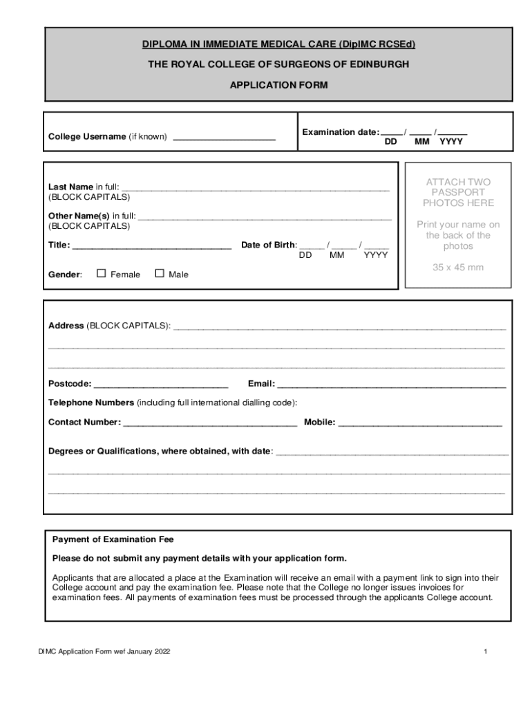 Fillable Online Diploma in Immediate Medical Care - Royal College of ...