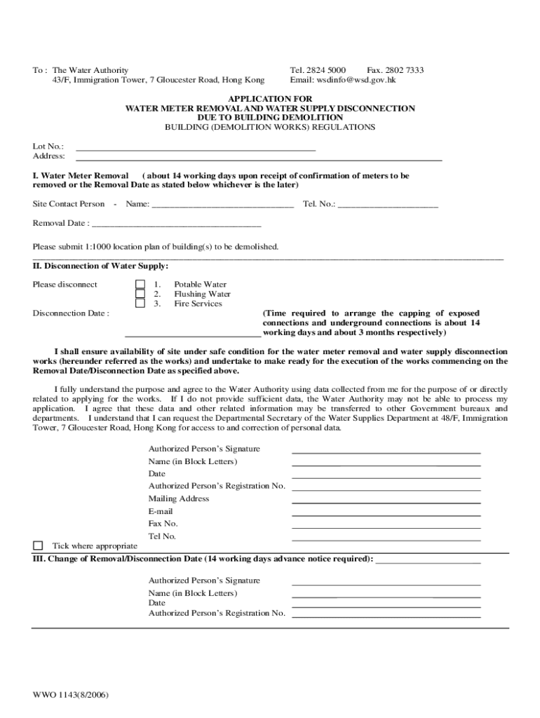Fillable Online Waterworks Form WWO1143 - Application for Water Meter ...