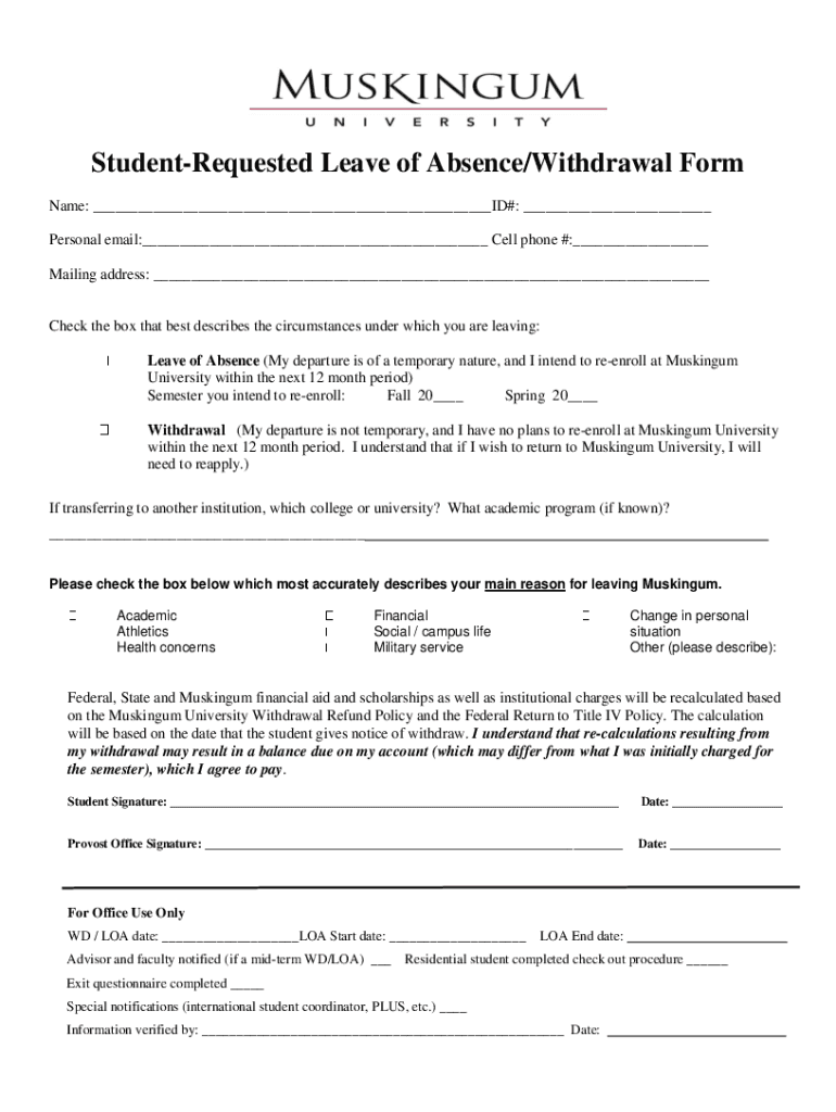Fillable Online Student-Requested Leave of Absence/Withdrawal Form Fax ...