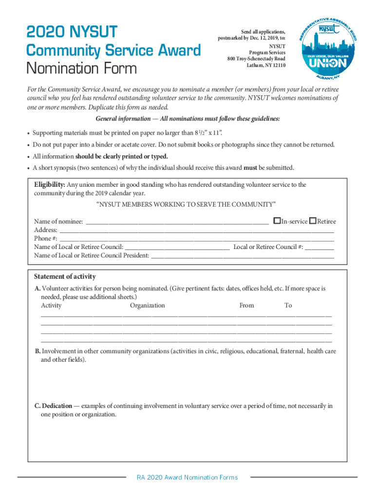 Fillable Online www.nysut.orgmedia2019 NYSUT Community Service Award ...