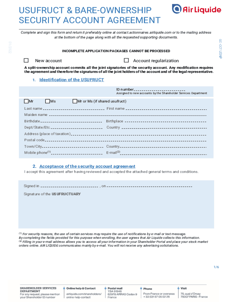 Fillable Online USUFRUCT & BARE-OWNERSHIP SECURITY ACCOUNT AGREEMENT ...