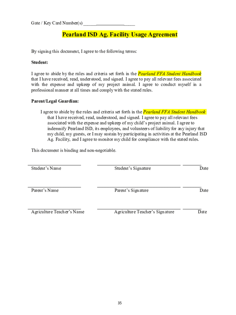 Fillable Online Pearland FFA Student Handbook and Ag Facility ...