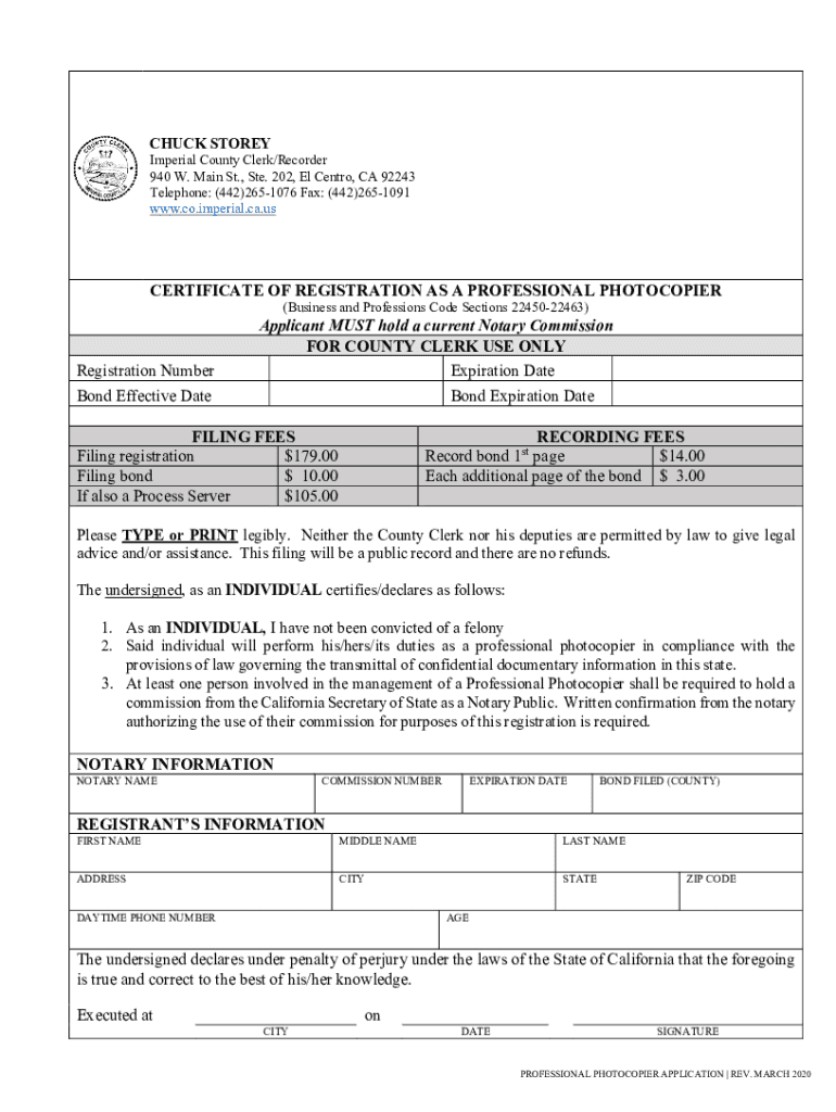 Fillable Online PROFESSIONAL PHOTOCOPIER APPLICATION. REV. MARCH 2020 ...