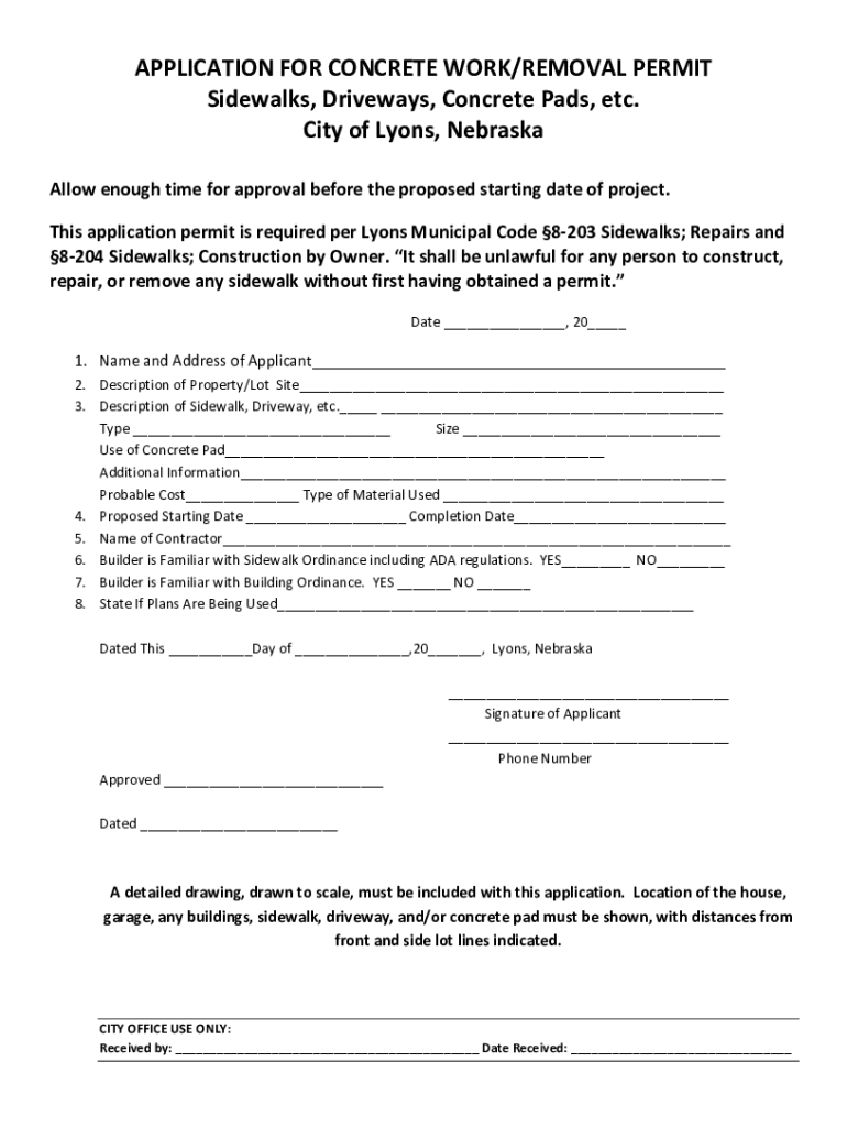 Fillable Online Application for Concrete WorkRemoval of Sidewalks ...
