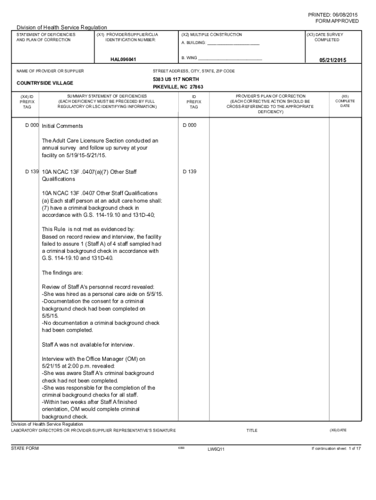 Fillable Online NC DHSR ACLS: Facility Inspections, Ratings and ...