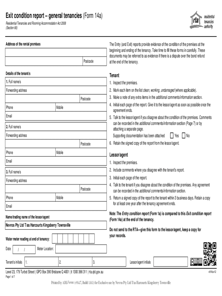 Fillable Online Exit condition reportgeneral tenancies (Form 14a)Exit ...