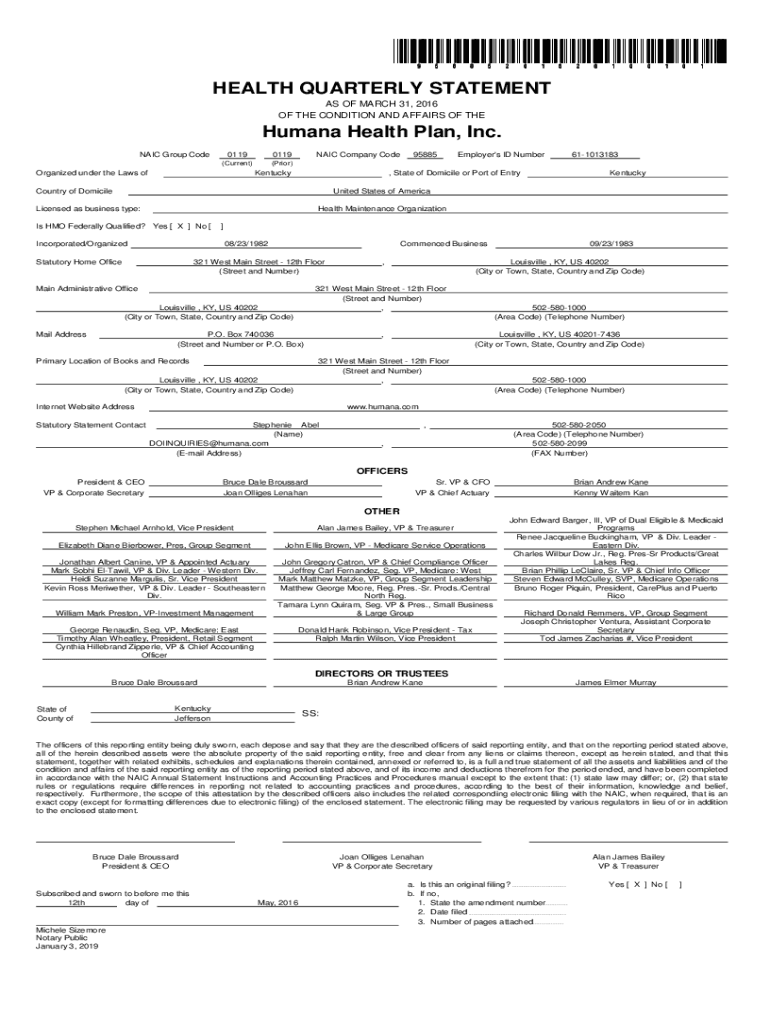 Fillable Online 95885 Humana Health Plan Inc. Original Filing Quarter 1 Original ... Fax Email ...